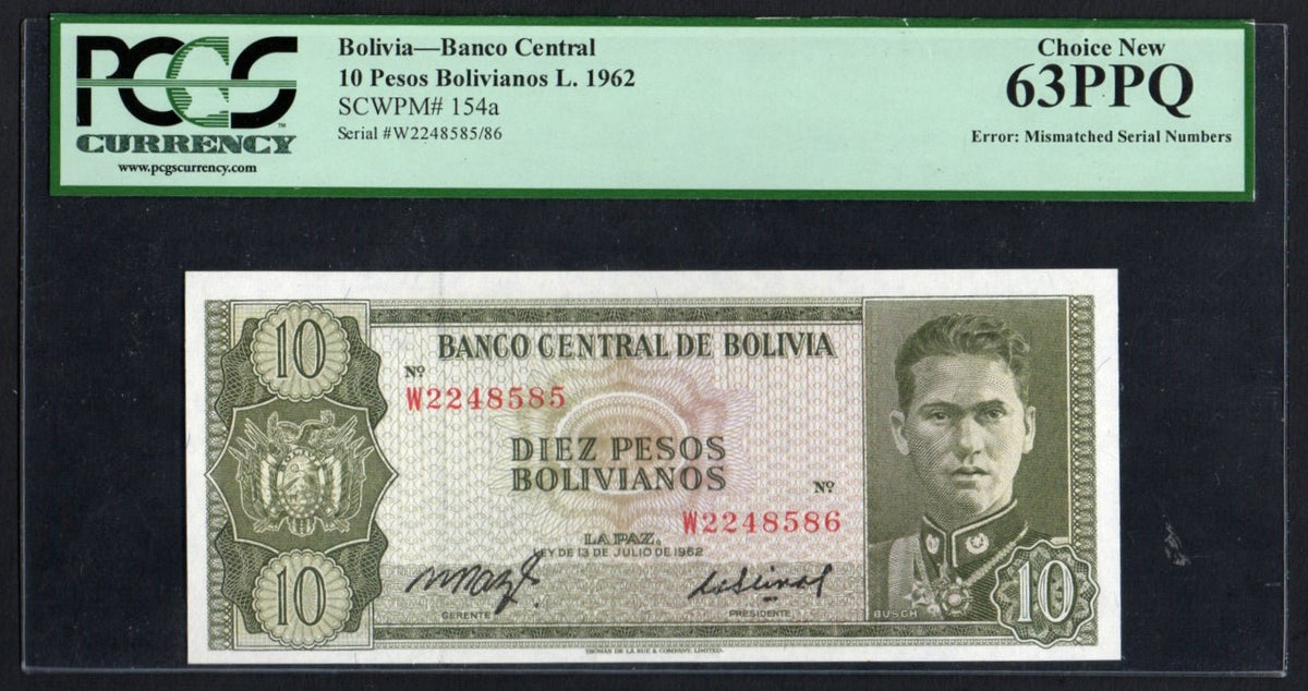 Bolivia 10 Pesos 1962 PCGS 63 PPQ Mismatched serial Numbers Error, AA0 ...