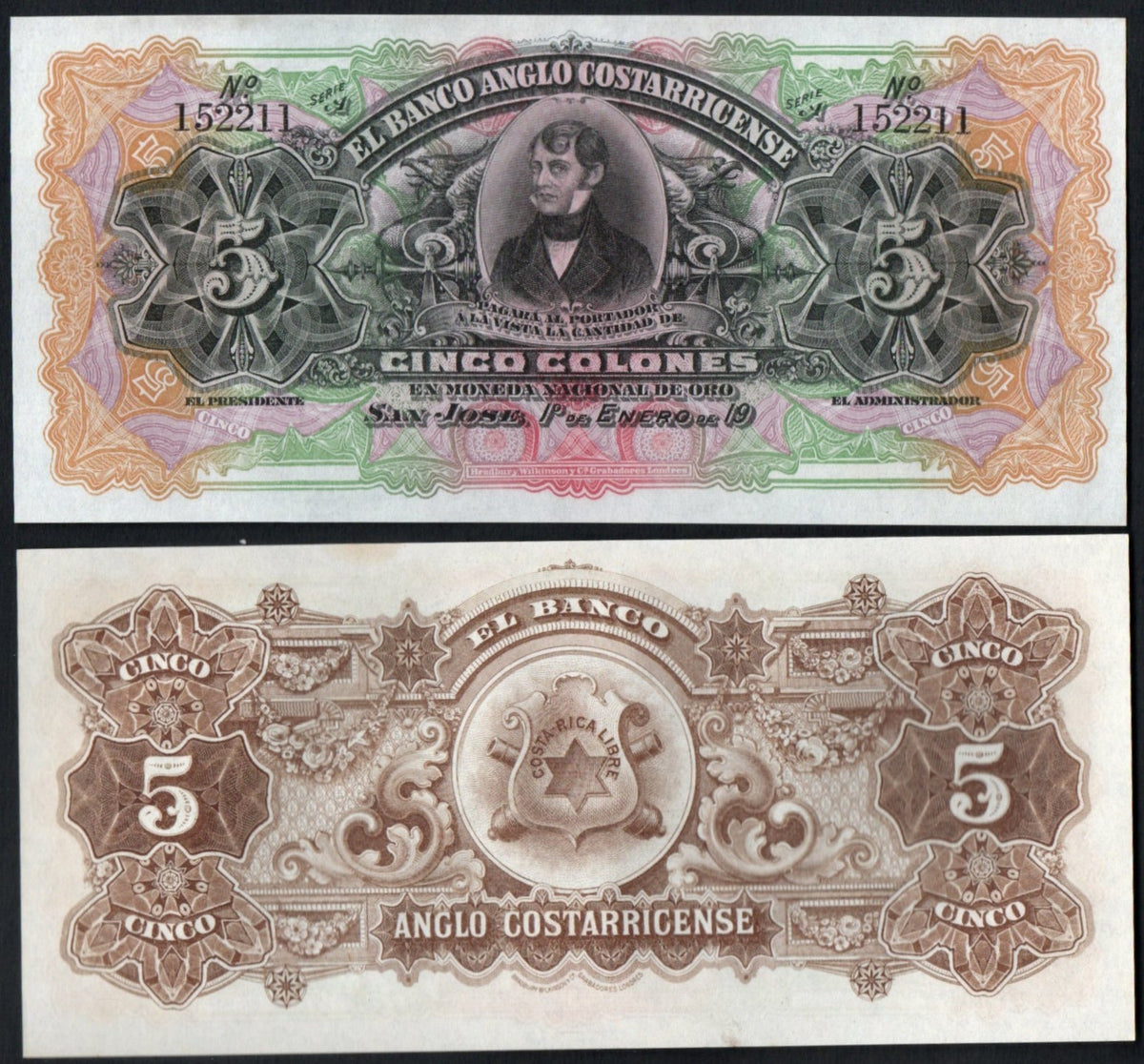 Costa Rica 5 Colones 1903-1917, P-S 122 Remainder, Unc ...